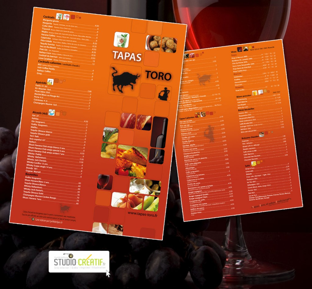 Création Imprimés : Menu Restaurant Tapas Toro